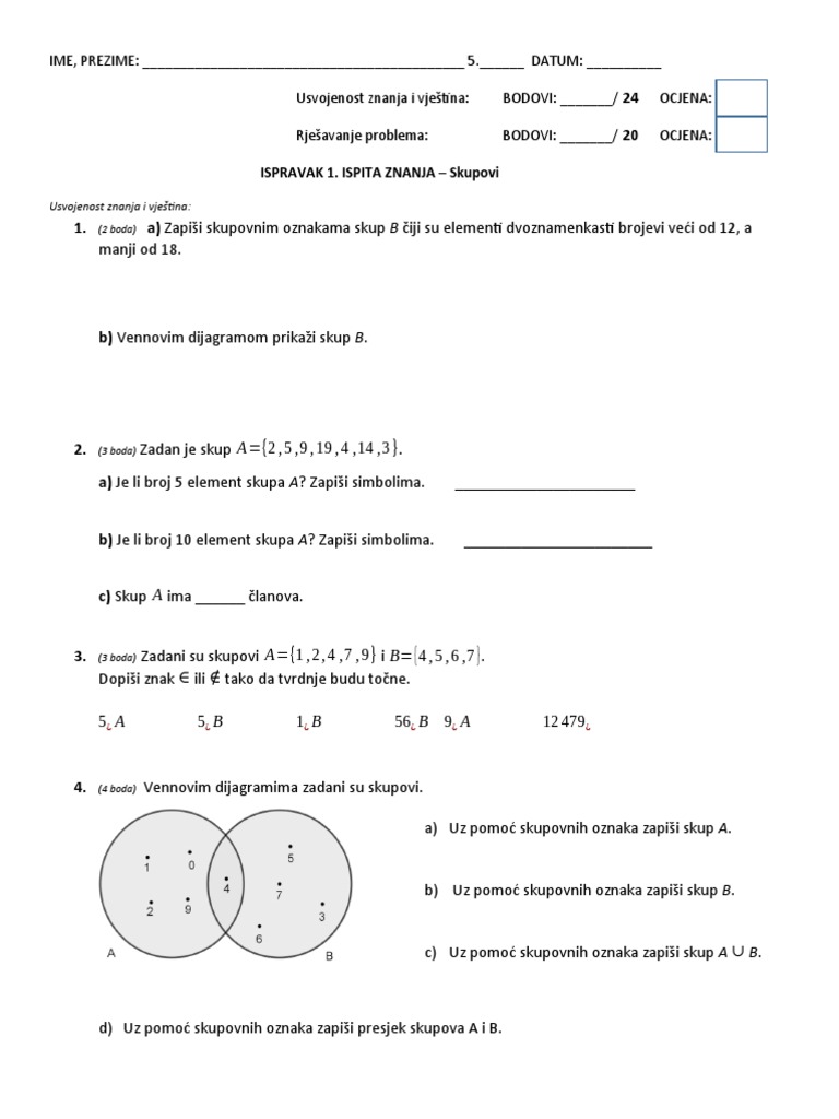 ISPIT ZNANJA - ISPRAVAK Skupovi | PDF