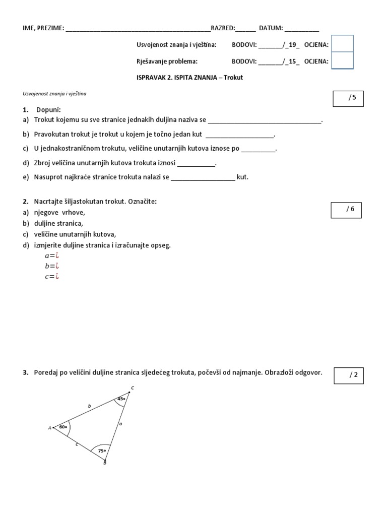 ISPIT ZNANJA ISPRAVAK - Trokut - Kopija | PDF