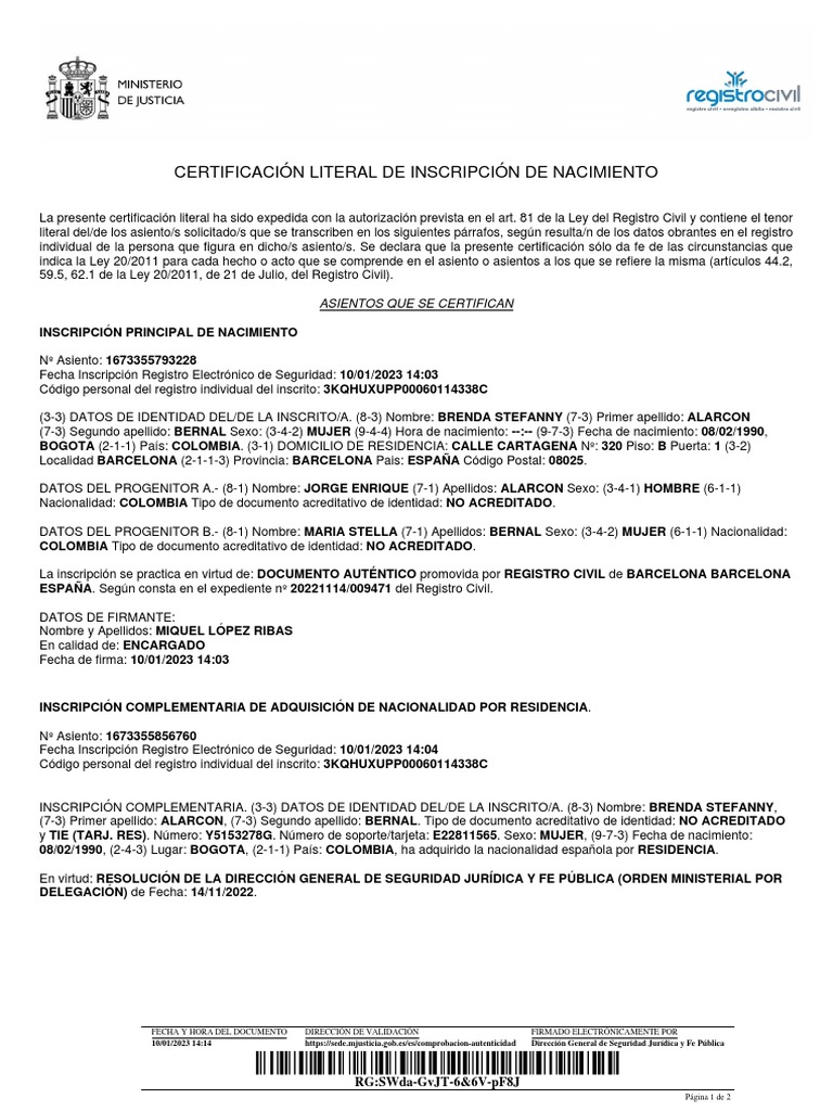 Certificación Literal de Inscripción de Nacimiento: Asientos Que Se Certifican | PDF | Gobierno ...