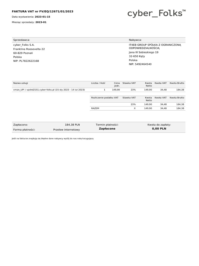 FAKTURA VAT NR FV/EQ/12671/01/2023: Data Wystawienia: 2023-01-15 Miesiąc Sprzedaży: 2023-01 | PDF