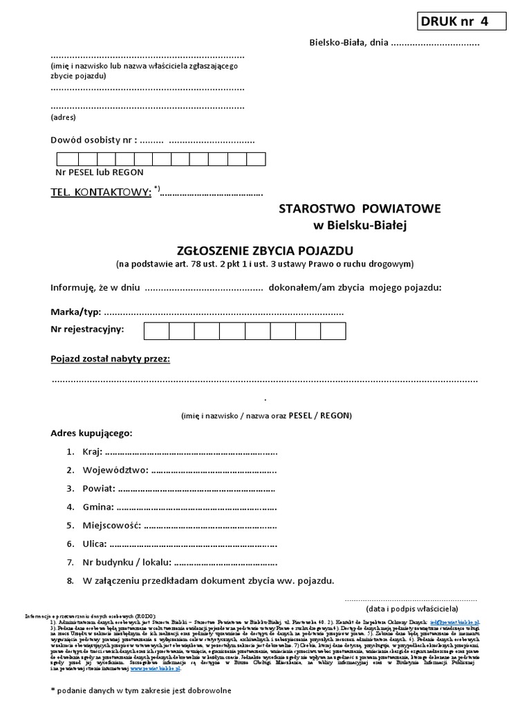 Starostwo Powiatowe W Bielsku-Białej Zgłoszenie Zbycia Pojazdu | PDF
