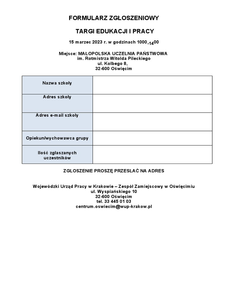 Formularz Zgłoszeniowy Targi Edukacji I Pracy | PDF