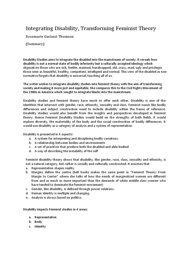 Summary of Garland Thomson On Disability | PDF | Disability | Feminism