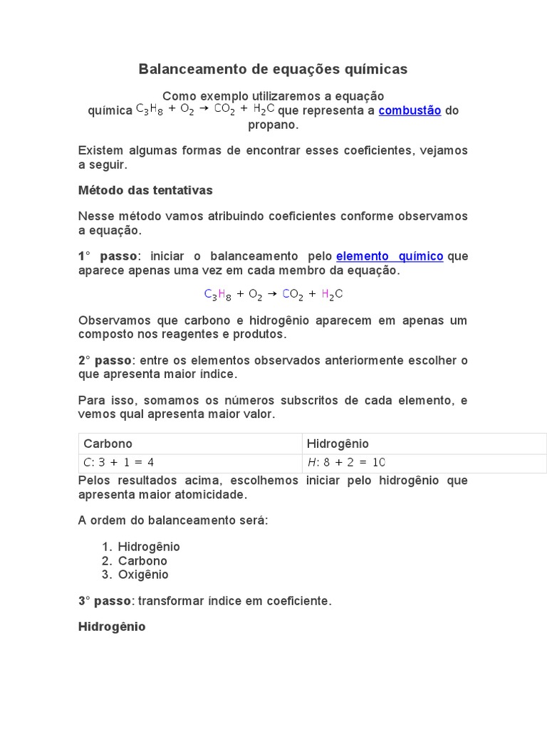 Balanceamento de Equações Químicas | PDF | Equações | Hidrogênio