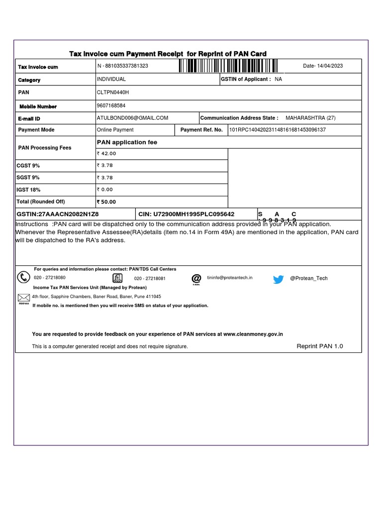 Tax Invoice Cum Payment Receipt For Reprint of PAN Card | PDF | Finance ...