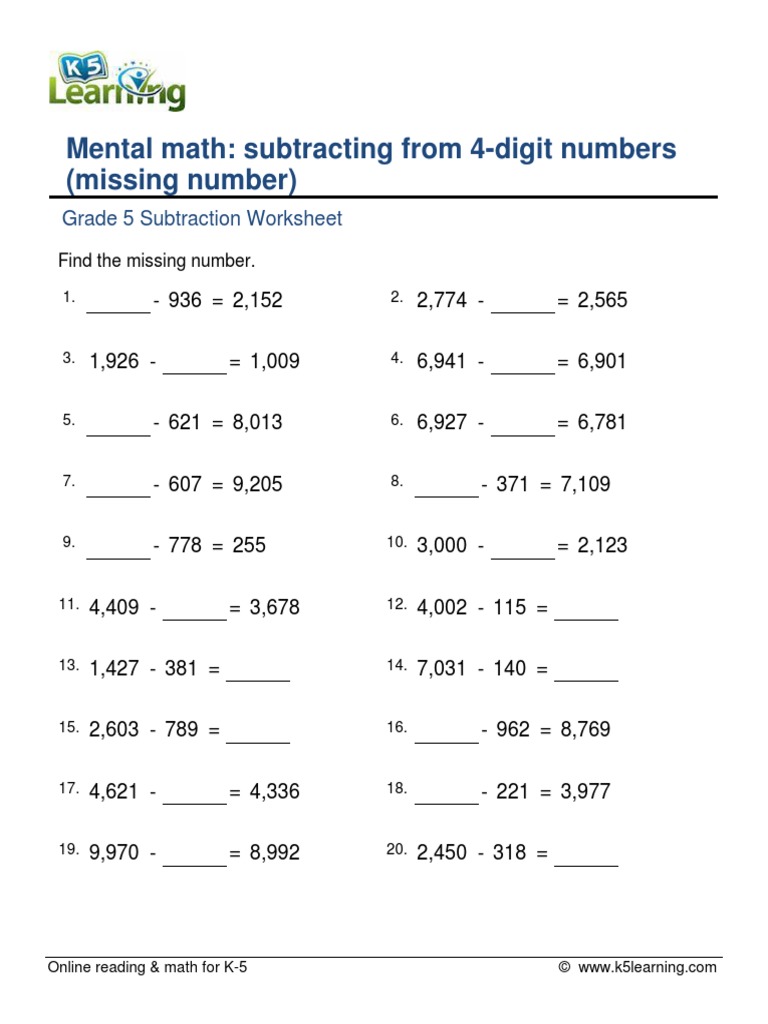 grade-5-subtract-from-4-digit-missing-number-a | PDF