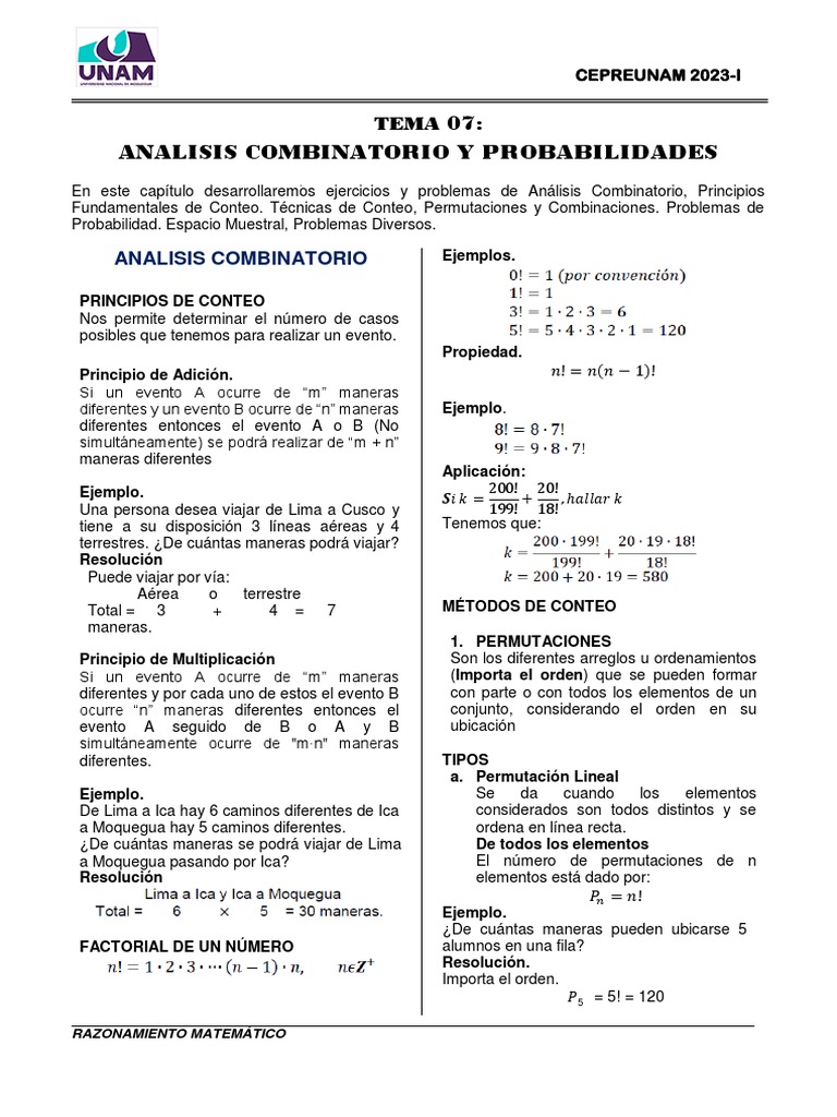 Tema #07 - ANALISIS COMBINATORIO Y PROBABILIDADES | PDF | Combinatoria ...