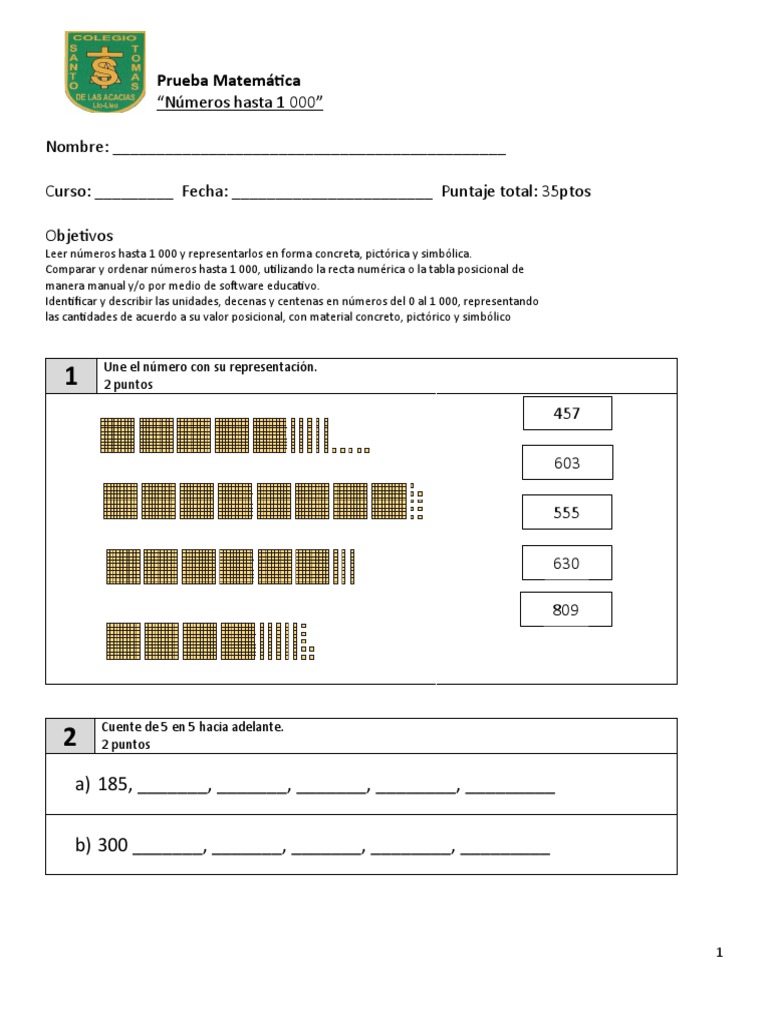 Prueba de Números hasta 1000 | PDF