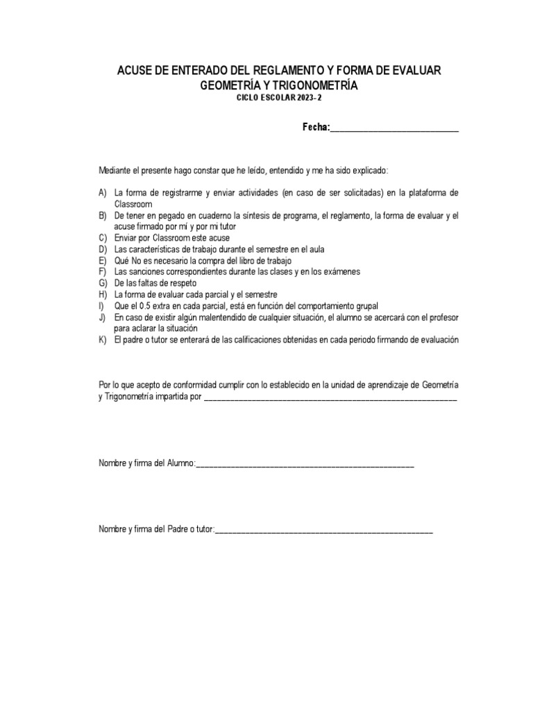 Acuse de Enterado Del Reglamento y Forma de Evaluar | PDF