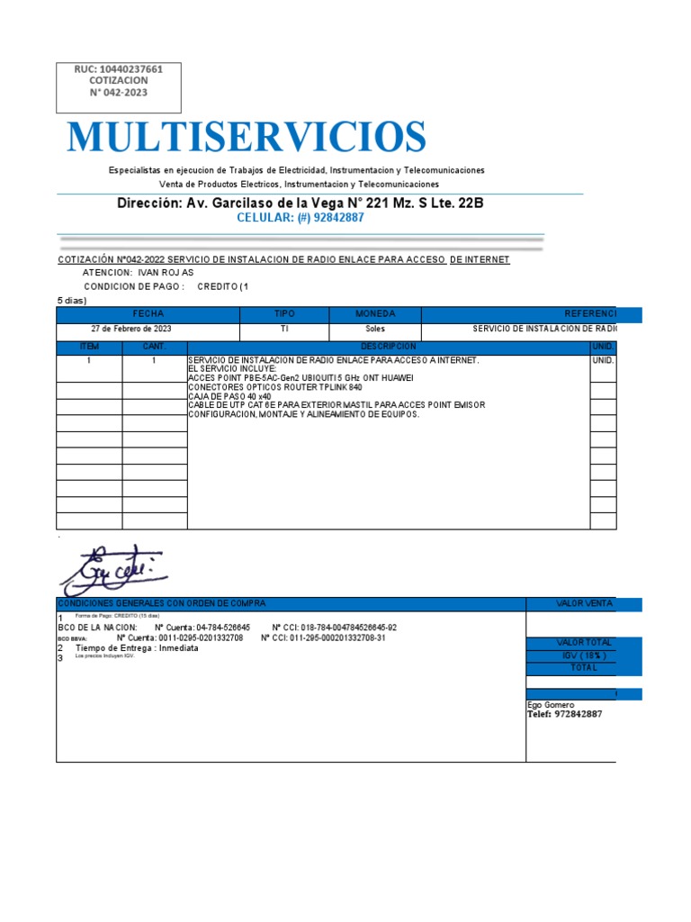 Multiservicios "Elinstelcom": Dirección: Av. Garcilaso de La Vega #221 Mz. S Lte. 22B | PDF ...