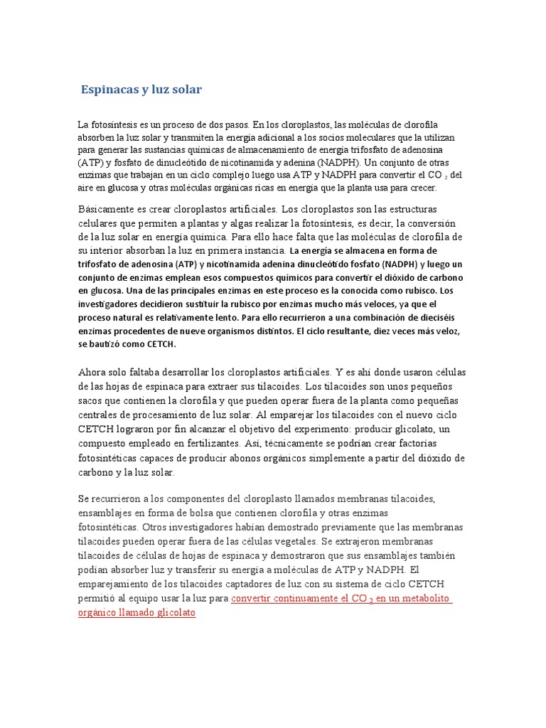 Espinacas y Luz Solar: Convertir Continuamente El CO en Un Metabolito ...