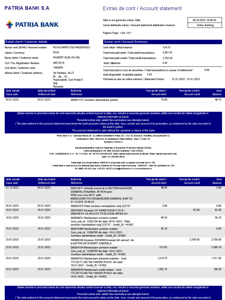 Patria Bank S.A: Extras de Cont / Account Statement | PDF | Debit Card ...