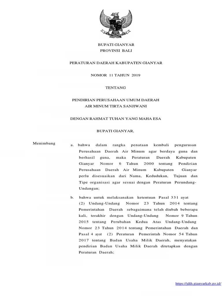 Perda Kabupaten Gianyar TTG Pendirian PDAM Tirta | PDF