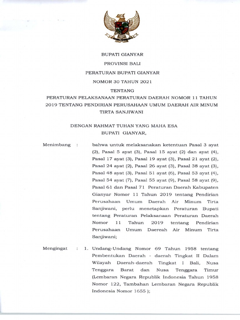 Perbup Atas Pelaksanaan Perda Kabupaten Gianyar TTG Pendirian PDAM Tirta | PDF
