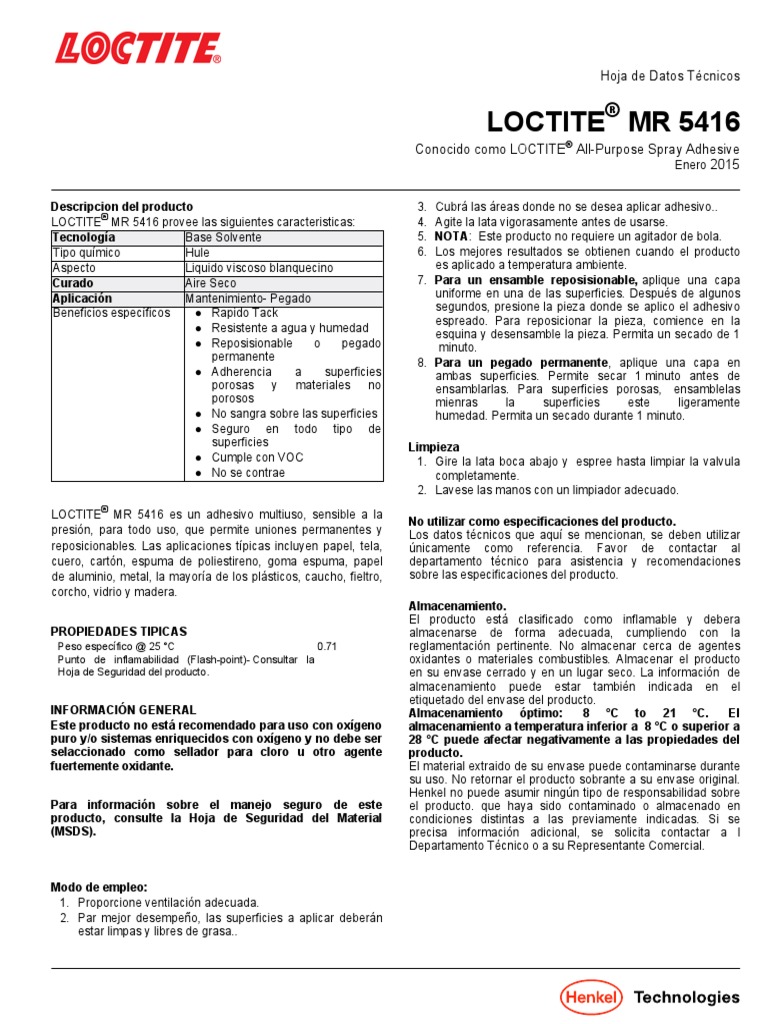 Loctite MR 5416: Hoja de Datos Técnicos | PDF | Papel | Oxígeno