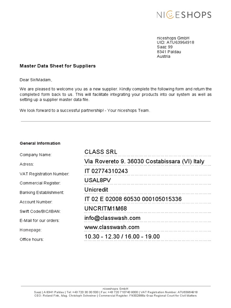Master Data Sheet For Suppliers: Class SRL Via Rovereto 9. 36030 ...