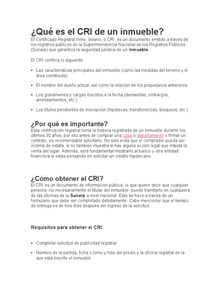Qué Es El CRI de Un Inmueble CRI EN SUNARP | PDF | Préstamo hipotecario | Economias