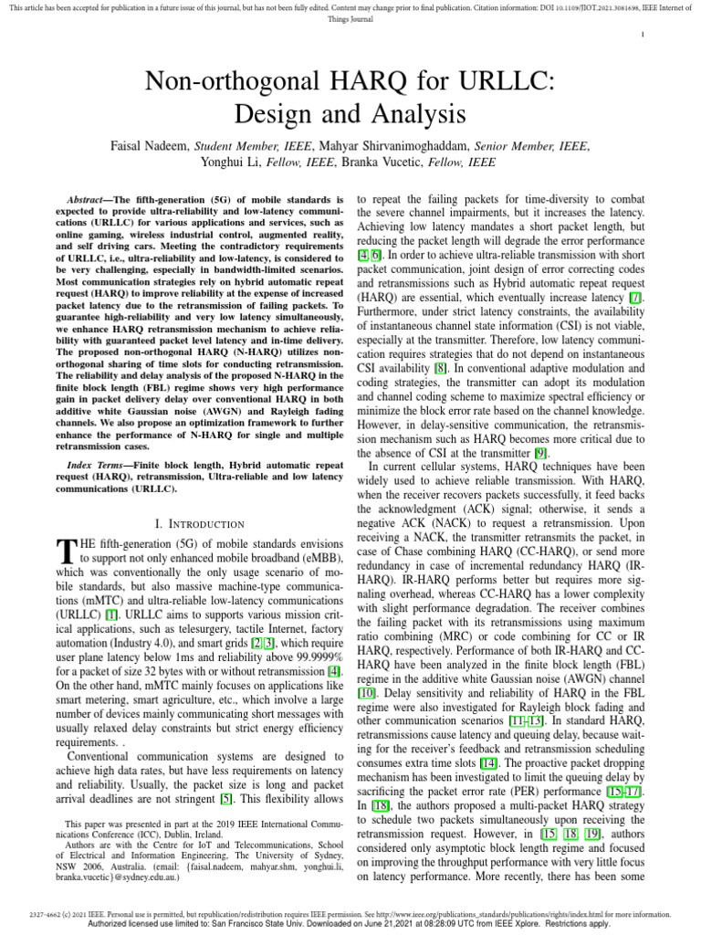 Non-Orthogonal HARQ For URLLC: Design and Analysis | PDF | Latency (Engineering) | Transmission ...