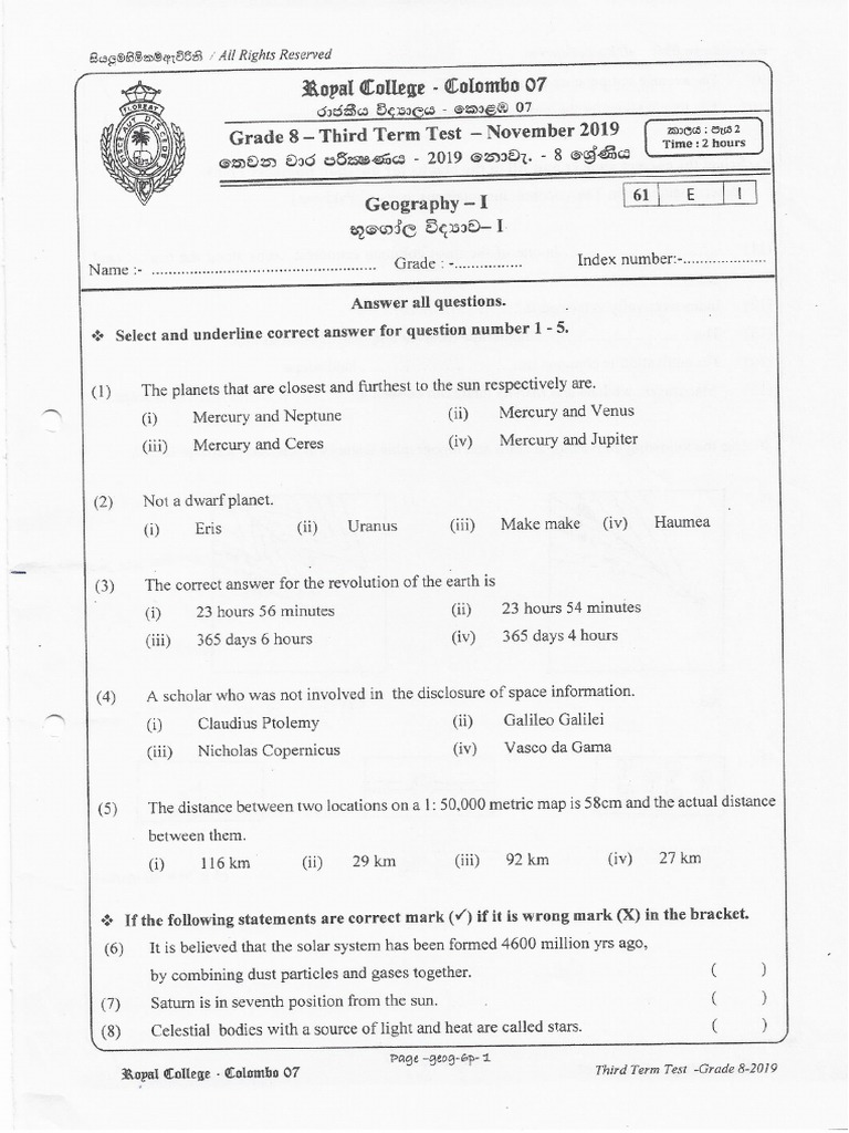 Royal College Grade 08 Geography Third Term Paper English Medium Pdf