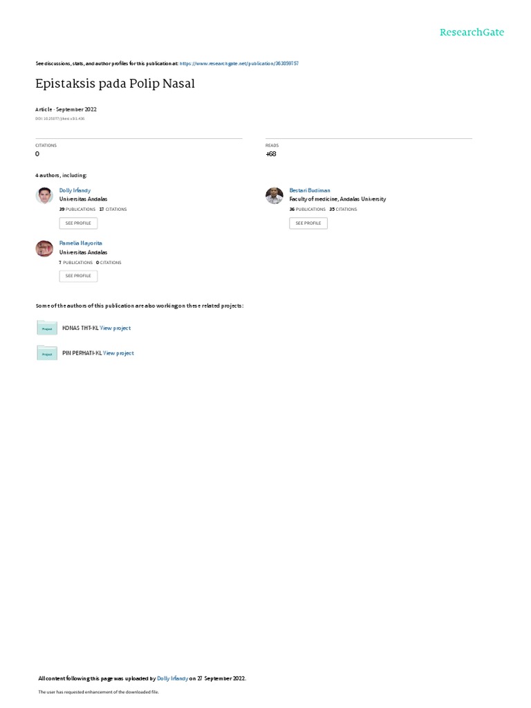 Epistaksis Pada Polip Nasal: September 2022 | PDF | Human Nose ...