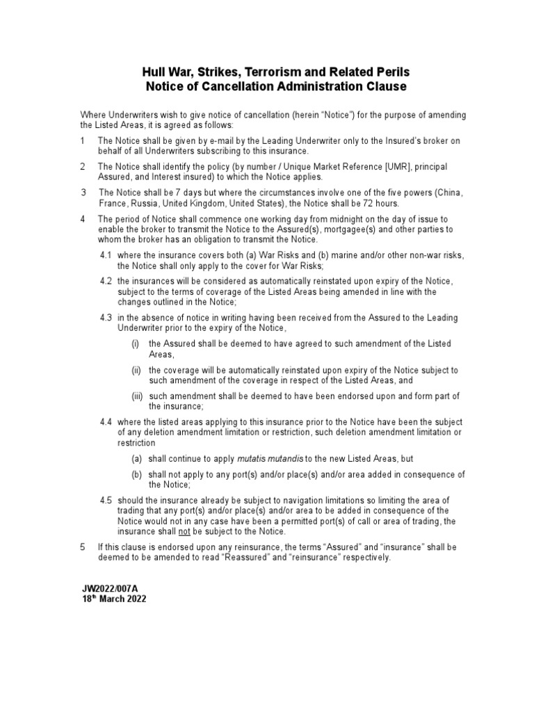 Hull War, Strikes, Terrorism and Related Perils Notice of Cancellation ...
