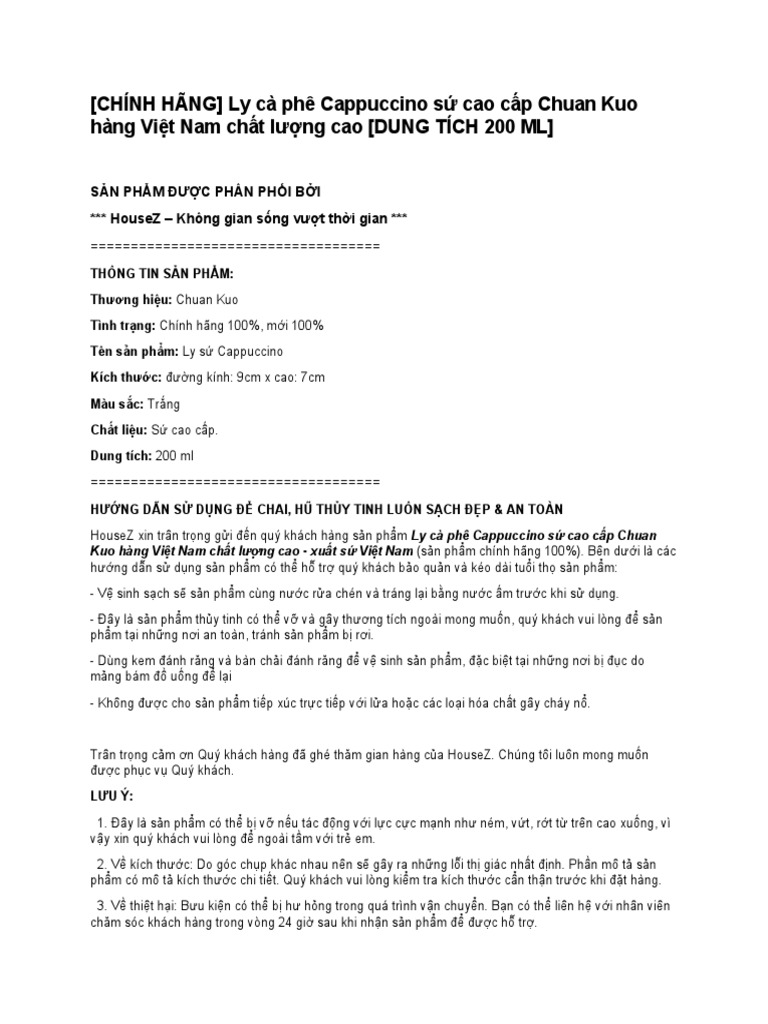 Ly Cà Phê Capuchino Chuan Kuo Vietnam | PDF