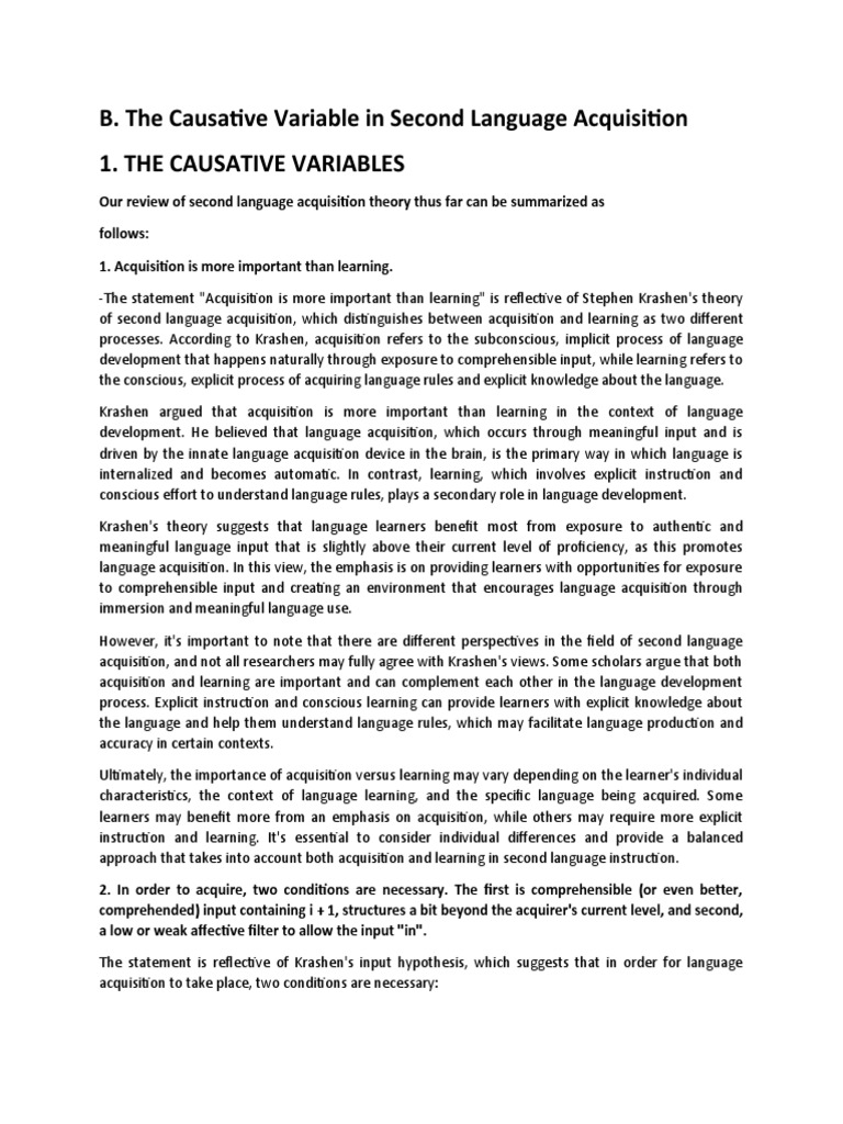 B. The Causative Variable in Second Language Acquisition 1. The ...