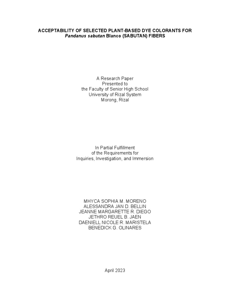 Acceptability of Selected Plant-Based Dye Colorants For: Pandanus ...