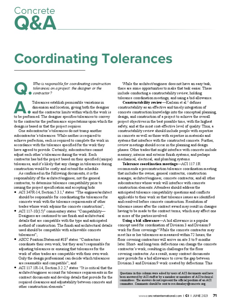 Coordinating Tolerances | PDF | General Contractor | Concrete