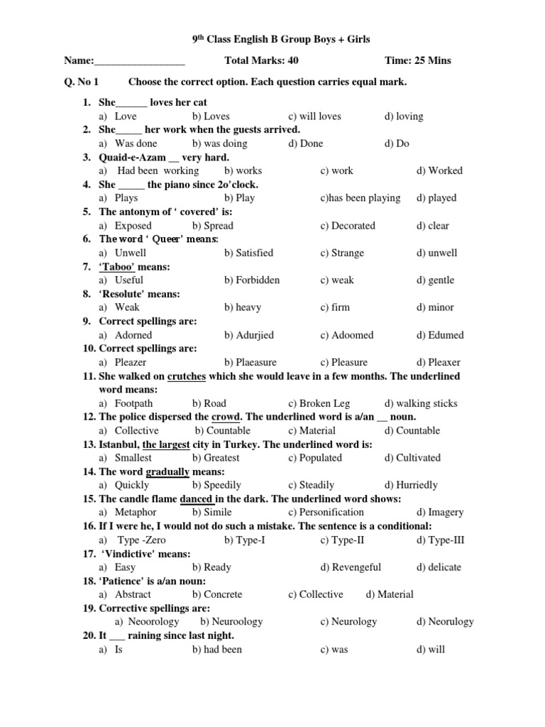 9th Class English B Group MCQs | PDF | Morphology | Cognitive Science