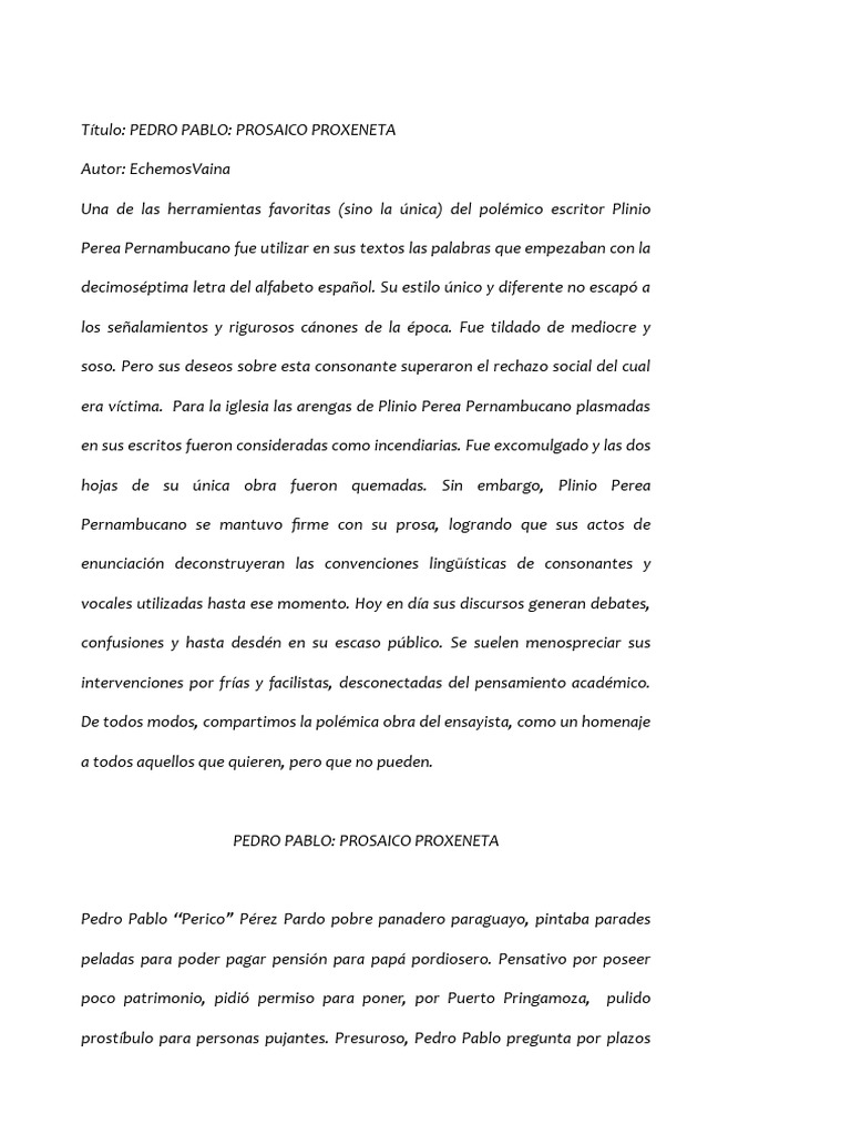 Cuento Pedro Pablo Prosaico Proxeneta | PDF | Arte | Novela negra ...