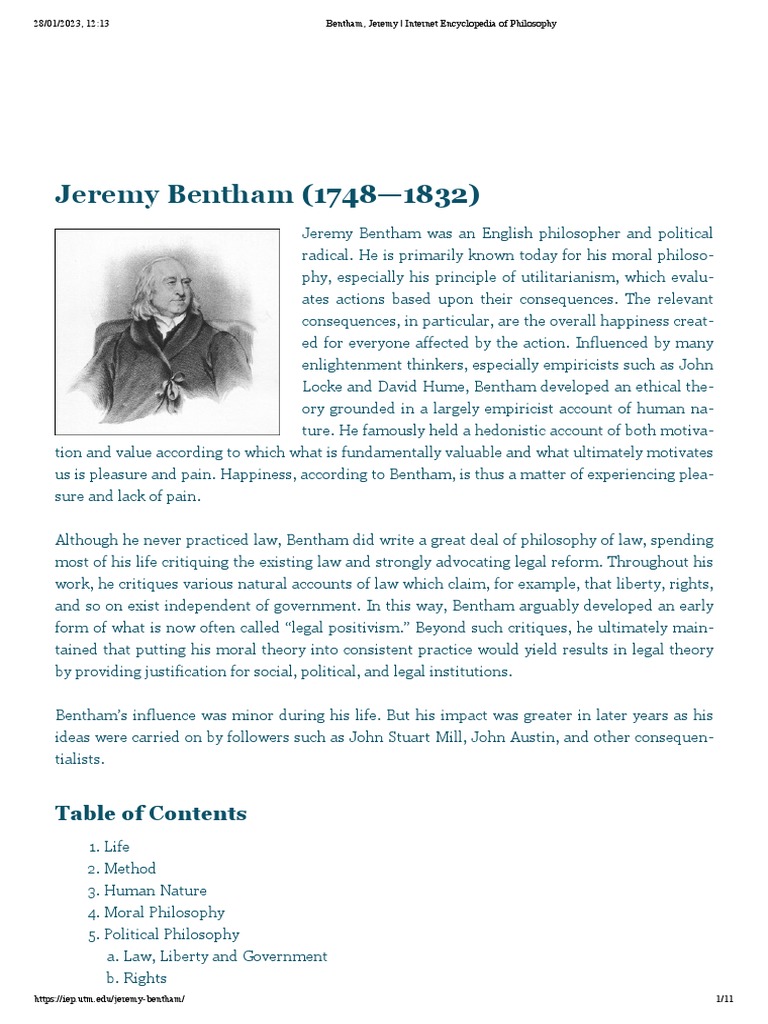 Jeremy Bentham: Utilitarianism and Law | PDF | Utilitarianism ...