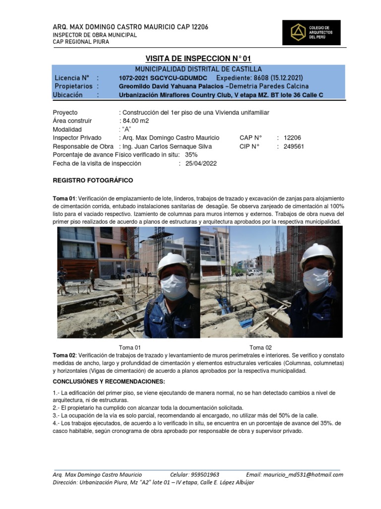 Visita de Inspeccion #01: Arq. Max Domingo Castro Mauricio Cap 12206 ...