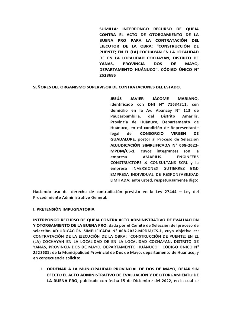 RECURSO DE QUEJA ANTE OSCE ADS No 008-2022-MPDM | PDF | Apelación | Instituciones sociales