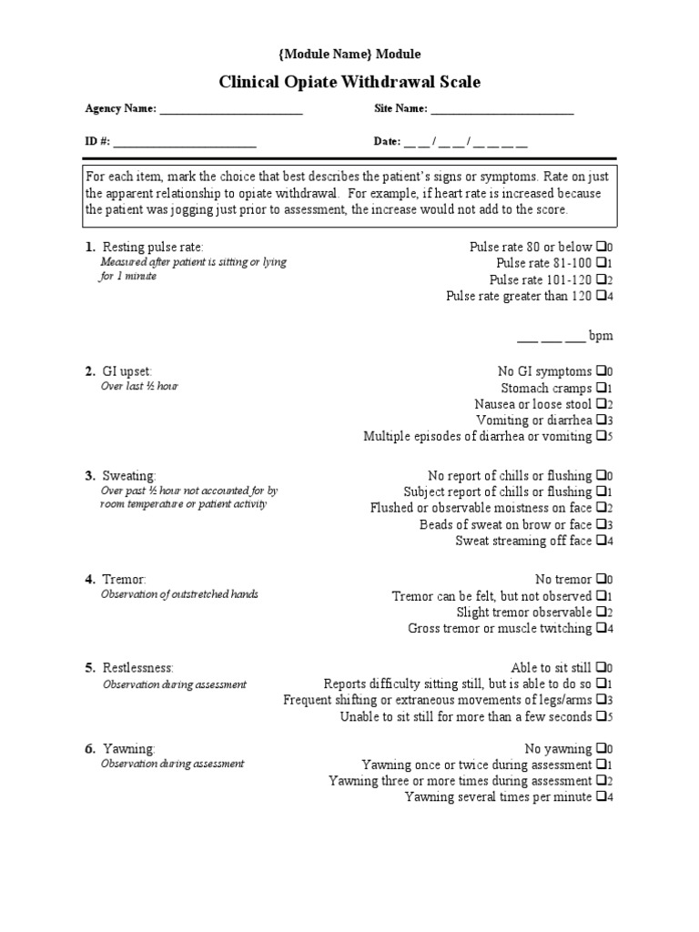Clinical Opiate Withdrawal Scale 68 | PDF | Heart Rate | Drug Withdrawal