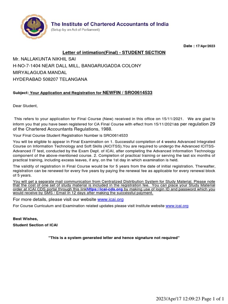 Letter of Intimation (Final) - STUDENT SECTION | PDF