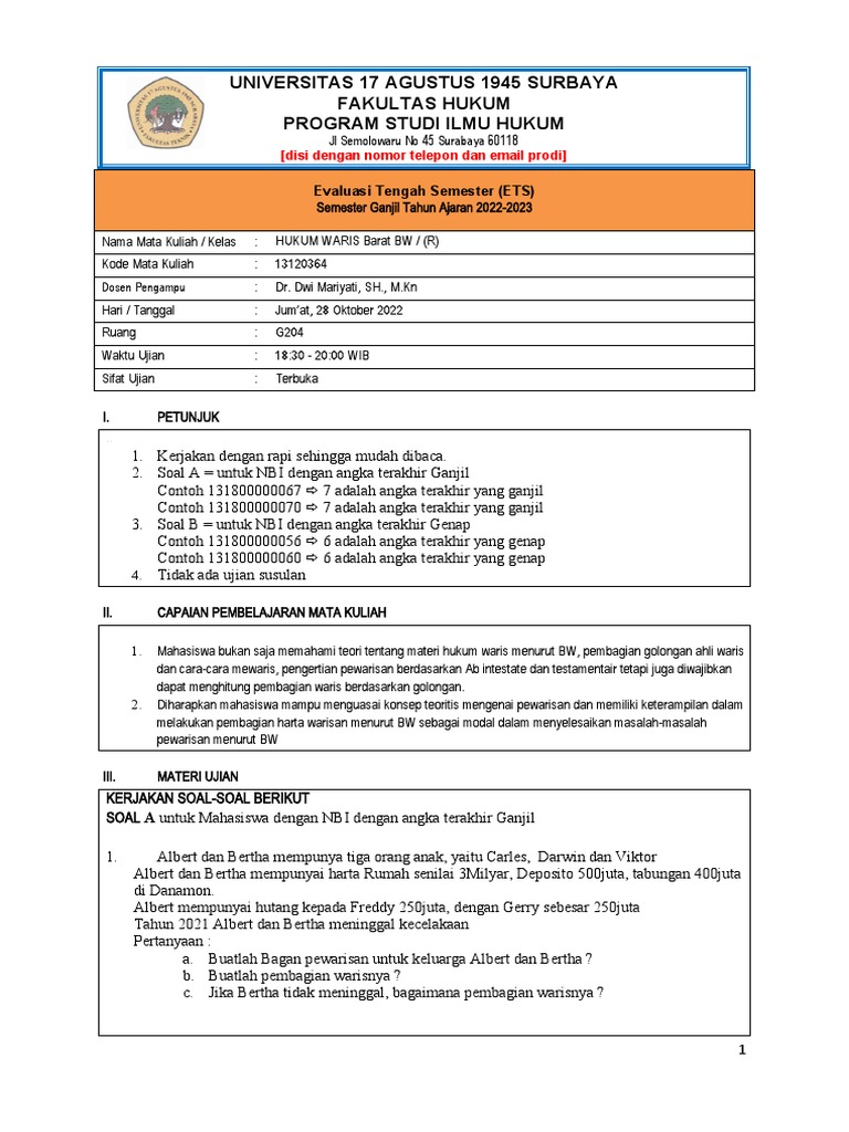 Format Soal UTS UAS HUKUM Waris Kelas R | PDF