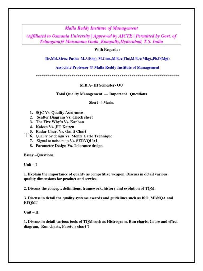TQM Important Questions for MBA III Sem | PDF | Six Sigma | Business