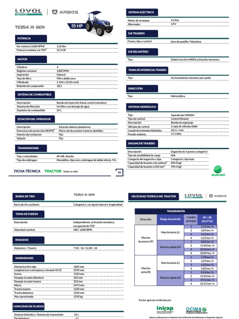Ficha Tecnica TE354 III GEN | PDF | Tracción en las cuatro ruedas | Tractor
