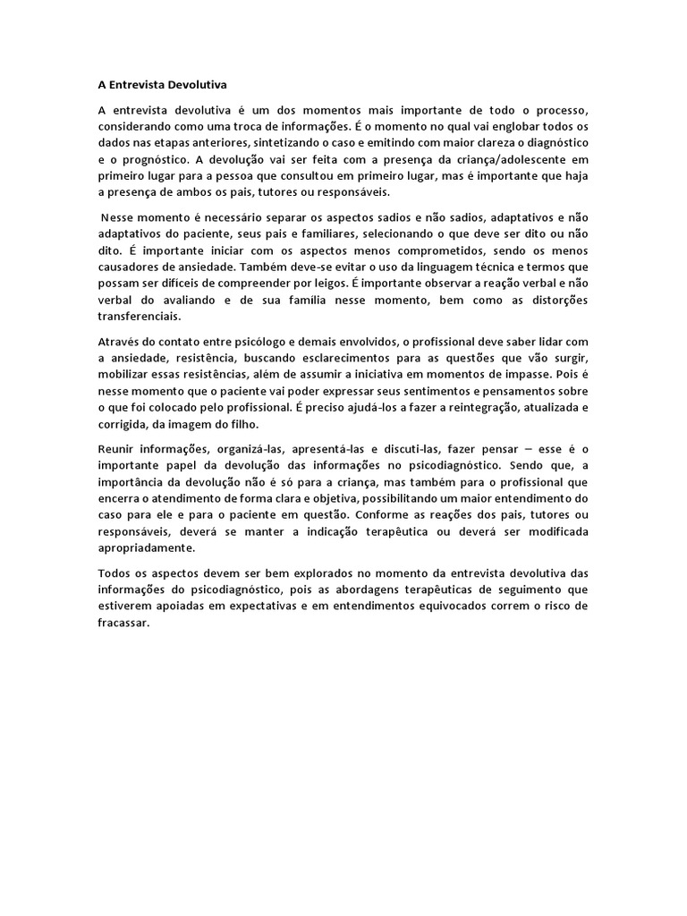 A Importância da Entrevista Devolutiva no Processo de Psicodiagnóstico ...
