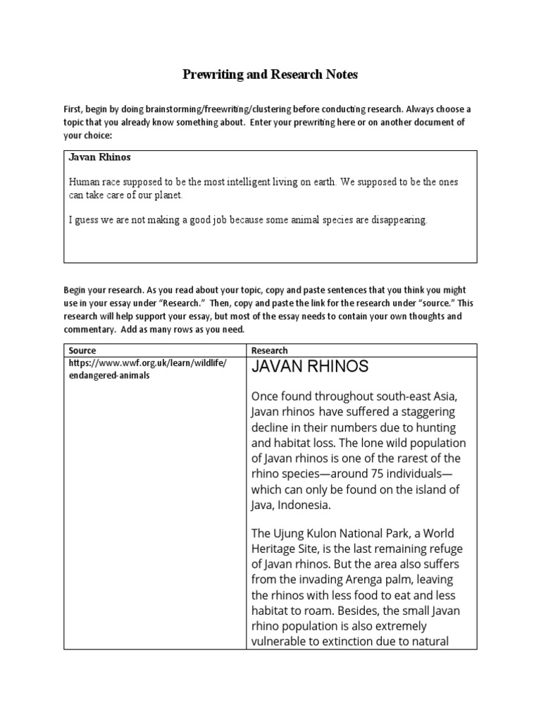 Essay 1 Prewriting and Research Notes | PDF | Rhinoceros | Natural ...