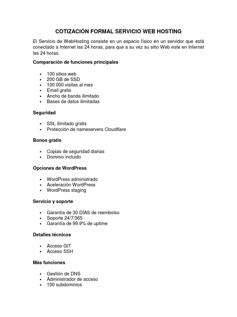 COTIZACIÓN FORMAL SERVICIO WEB HOSTING | PDF