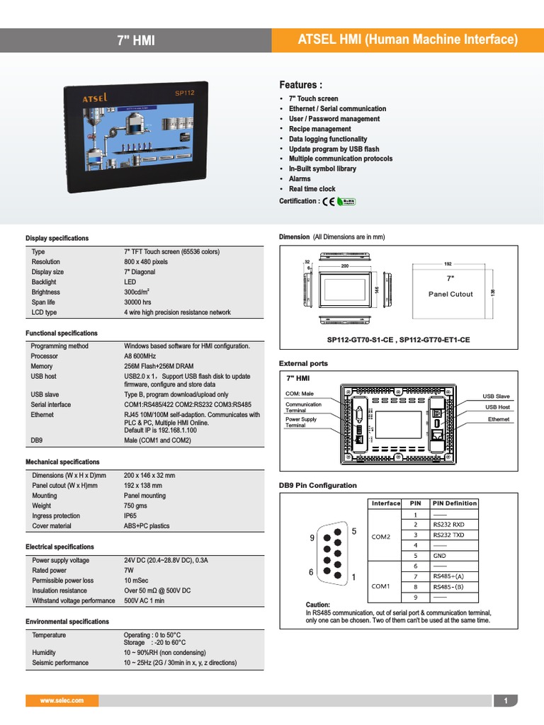 ATSEL HMI (Human Machine Interface) 7" HMI: Features | PDF | Usb | User ...