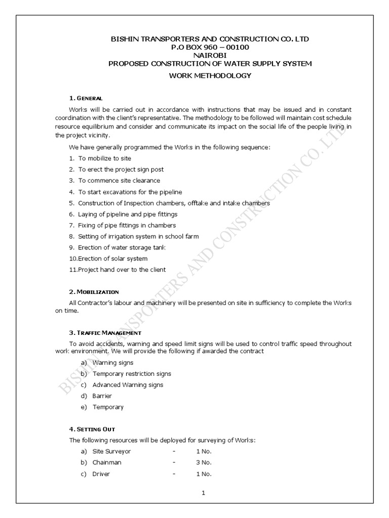 Bishin Method Statement For Construction of Water Supply System | PDF ...