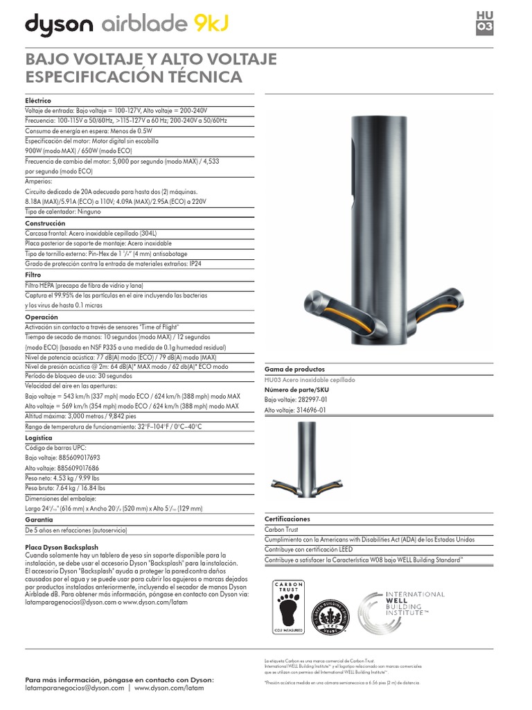 Dyson Airblade - 2023 Especificacion Tecnica HU03 9kJ - SP | PDF ...