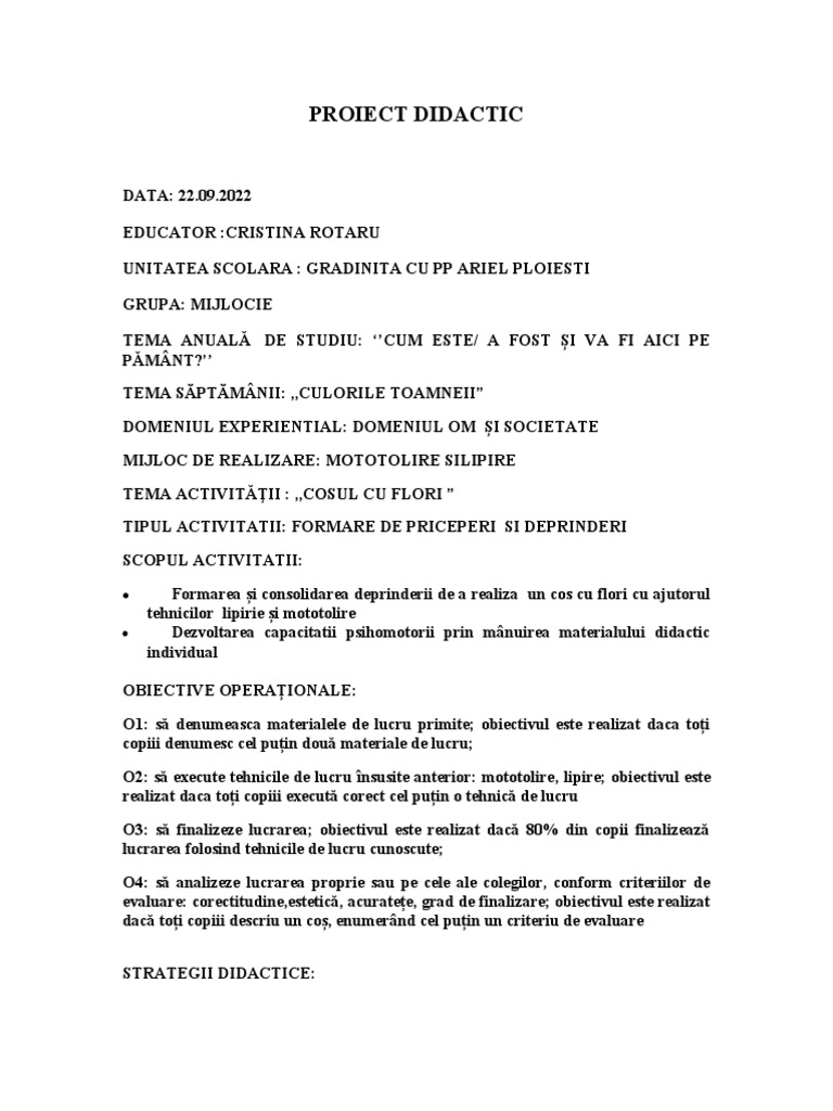 Proiect Didactic Cosul Cu Floride Toamna GR Mijl | PDF