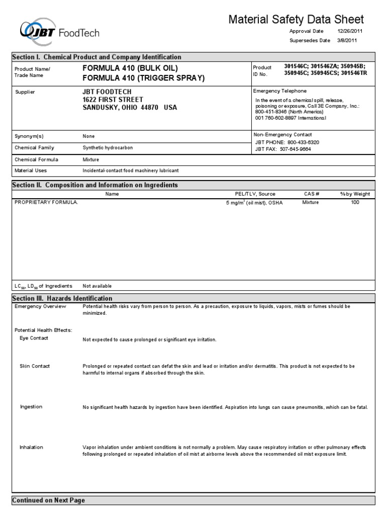 Formula 410 Material Safety Data Sheet | PDF | Water | Combustion