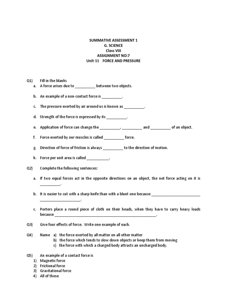 Class 8 Force and Pressure Worksheet | PDF | Force | Pressure