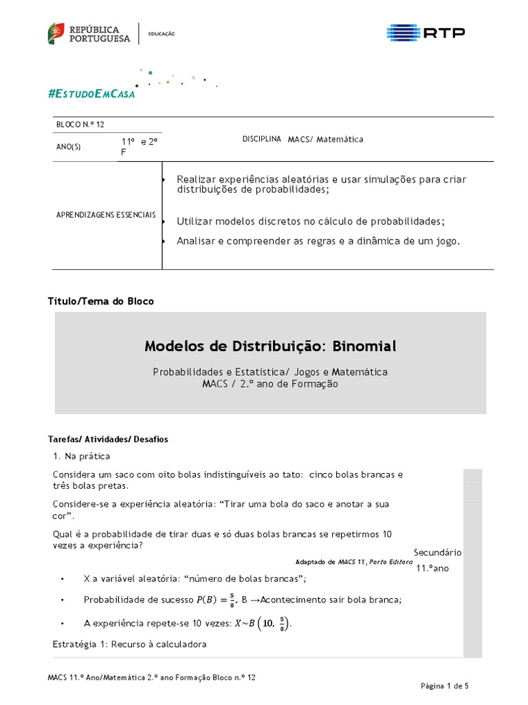 12 - MACS - 11.º Ano - Modelos de Distribuição Binomial | PDF ...