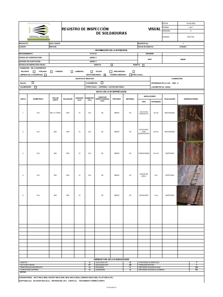 27-PR-CMP-F01 Registro Inspección Visual de Soldaduras | PDF
